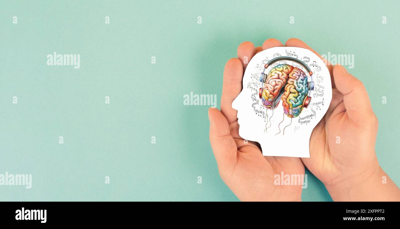Human brain with headphones and music notes, social media, self care ...