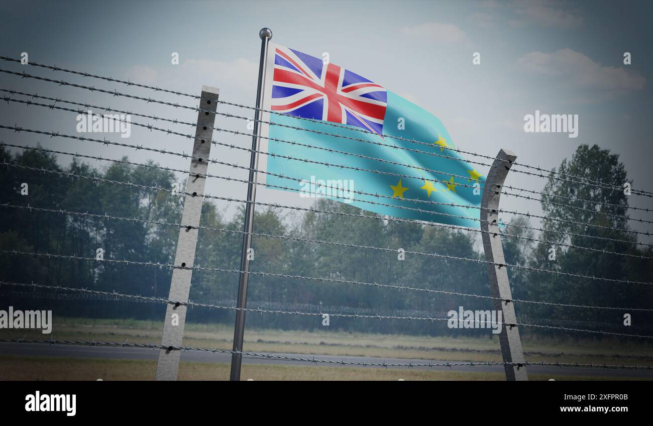 Barbed wire fence and flag of Tuvalu - border concept - 3d illustration ...