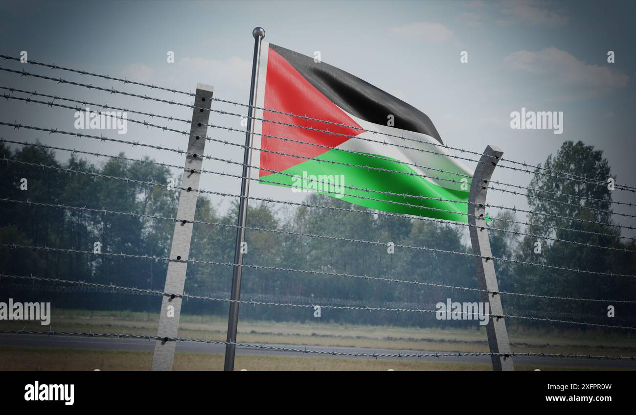 Barbed wire fence and flag of Palestine - border concept - 3d ...
