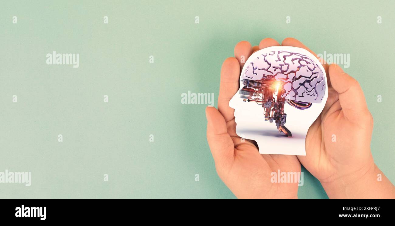 Brain neurons, mind connected to virtual cyberspace, human ...