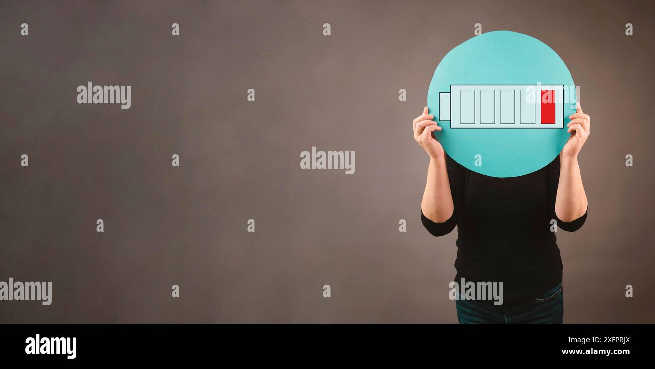 Head with empty battery, burnout syndrome, stress and exhaustion, work ...