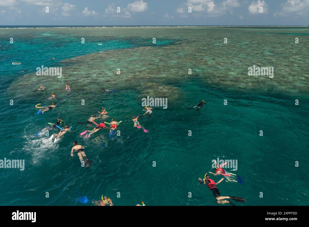 Snorkellers swimming the reefs of the Great Barrier Reef, Queensland ...