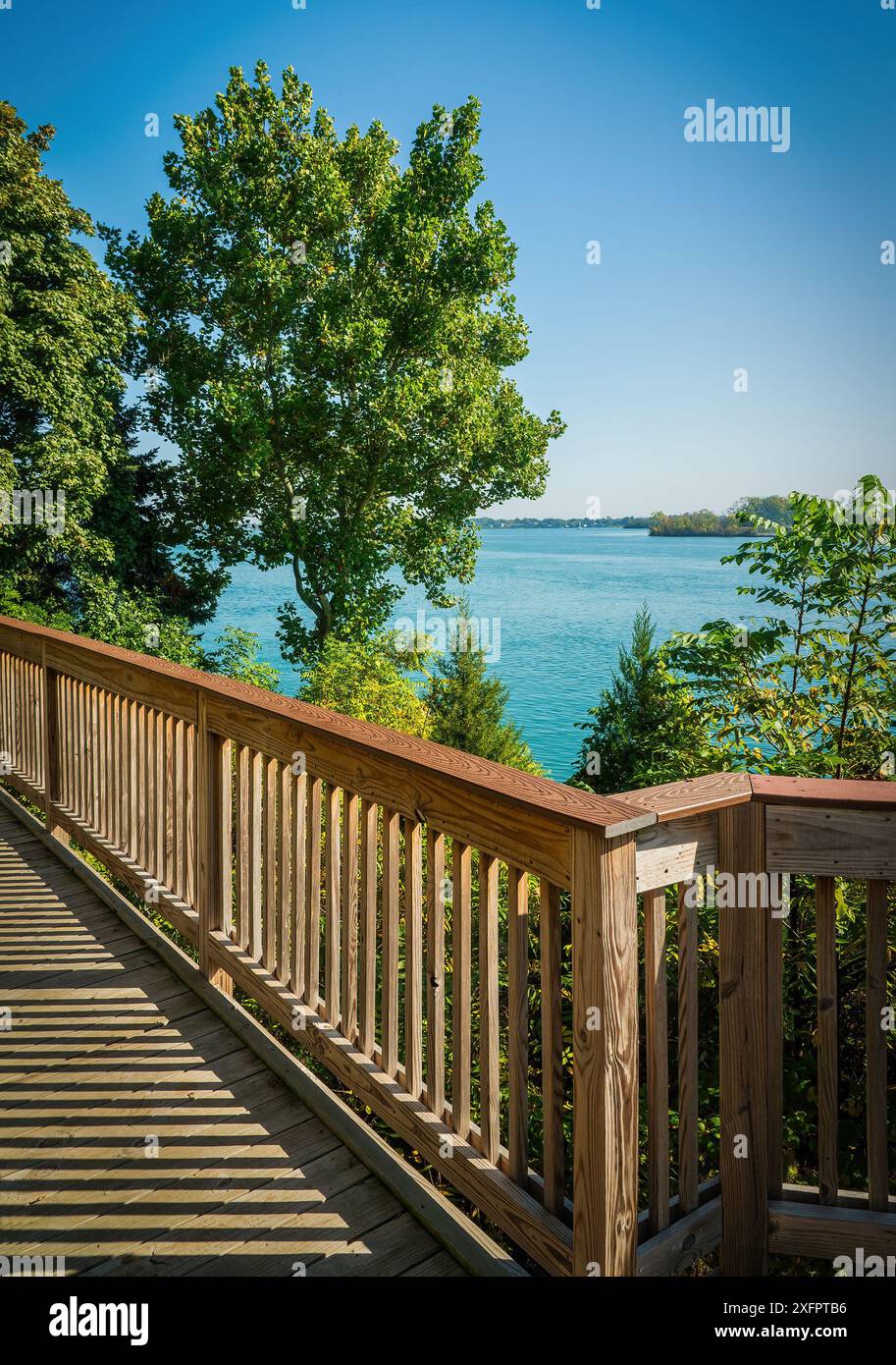 Custom wood deck overlooking Detroit River and Lake Erie Stock Photo ...