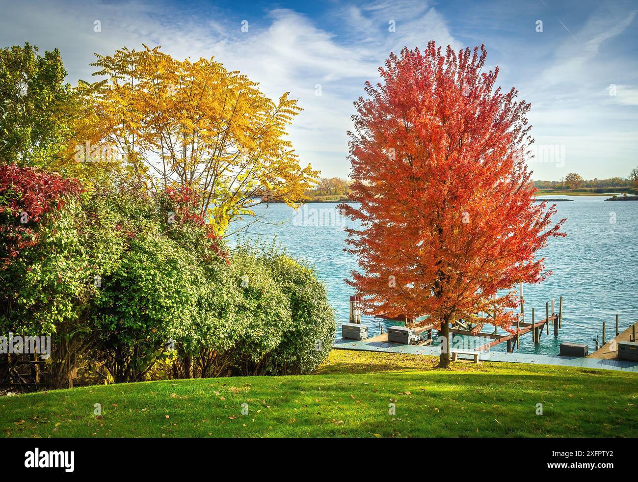 fall colors off wood overlook deck river view Stock Photo - Alamy