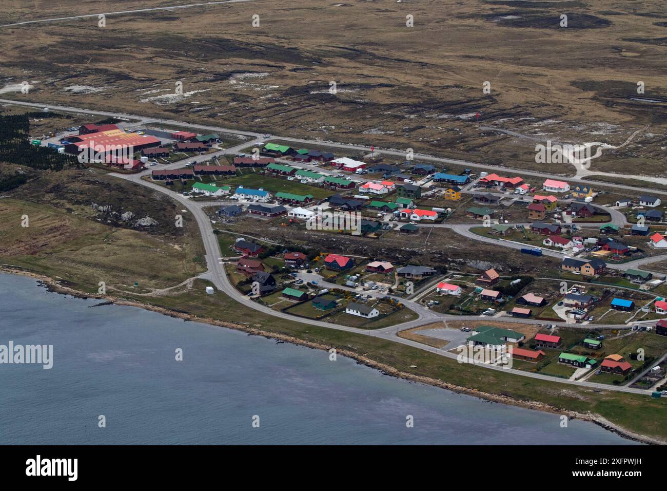 Aerial view of Stanley capital city, Falkland Islands, East Falkland ...