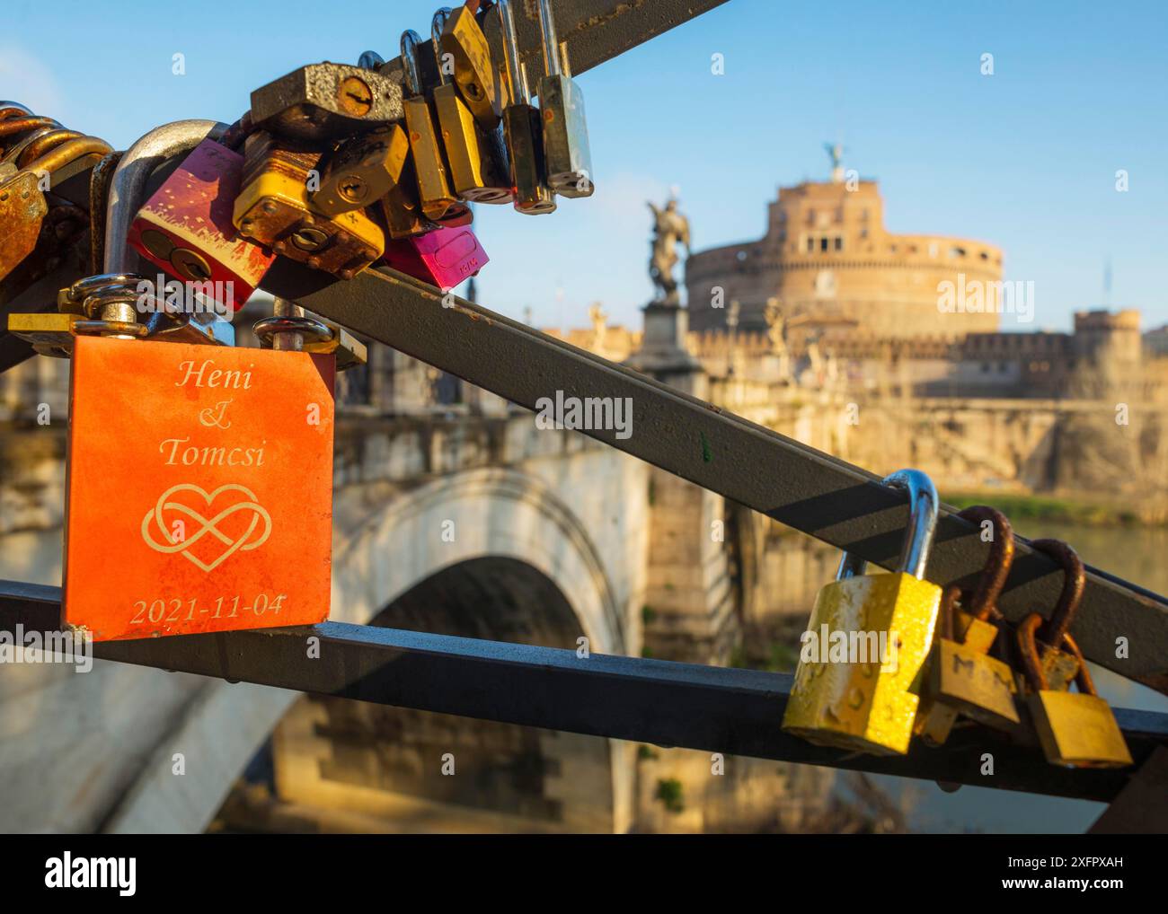 Set of padlocks symbolizing eternal love on the Sant'Angelo Bridge in ...