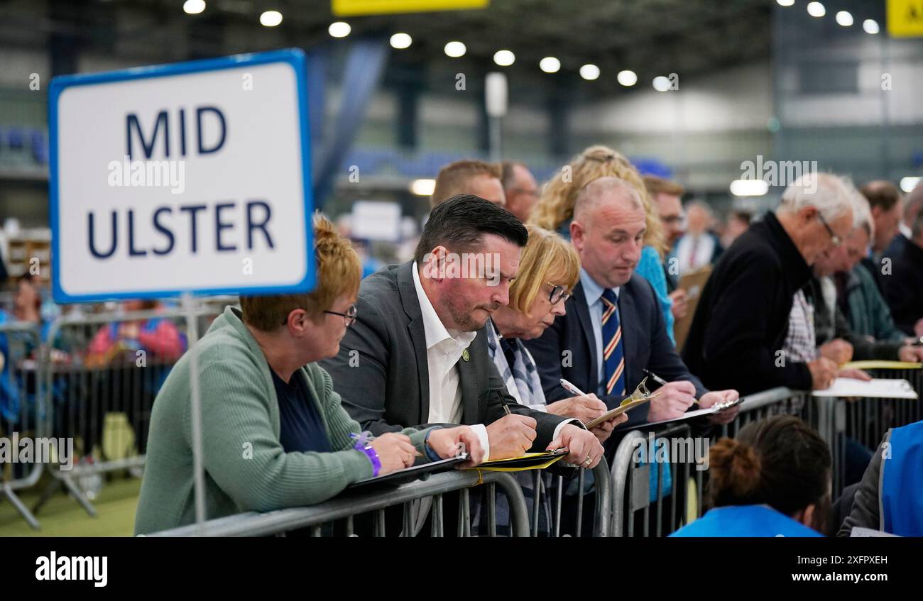 Mid Ulster tallies are taken at Meadowbank Sports Arena, Magherafelt, during the count for the ...