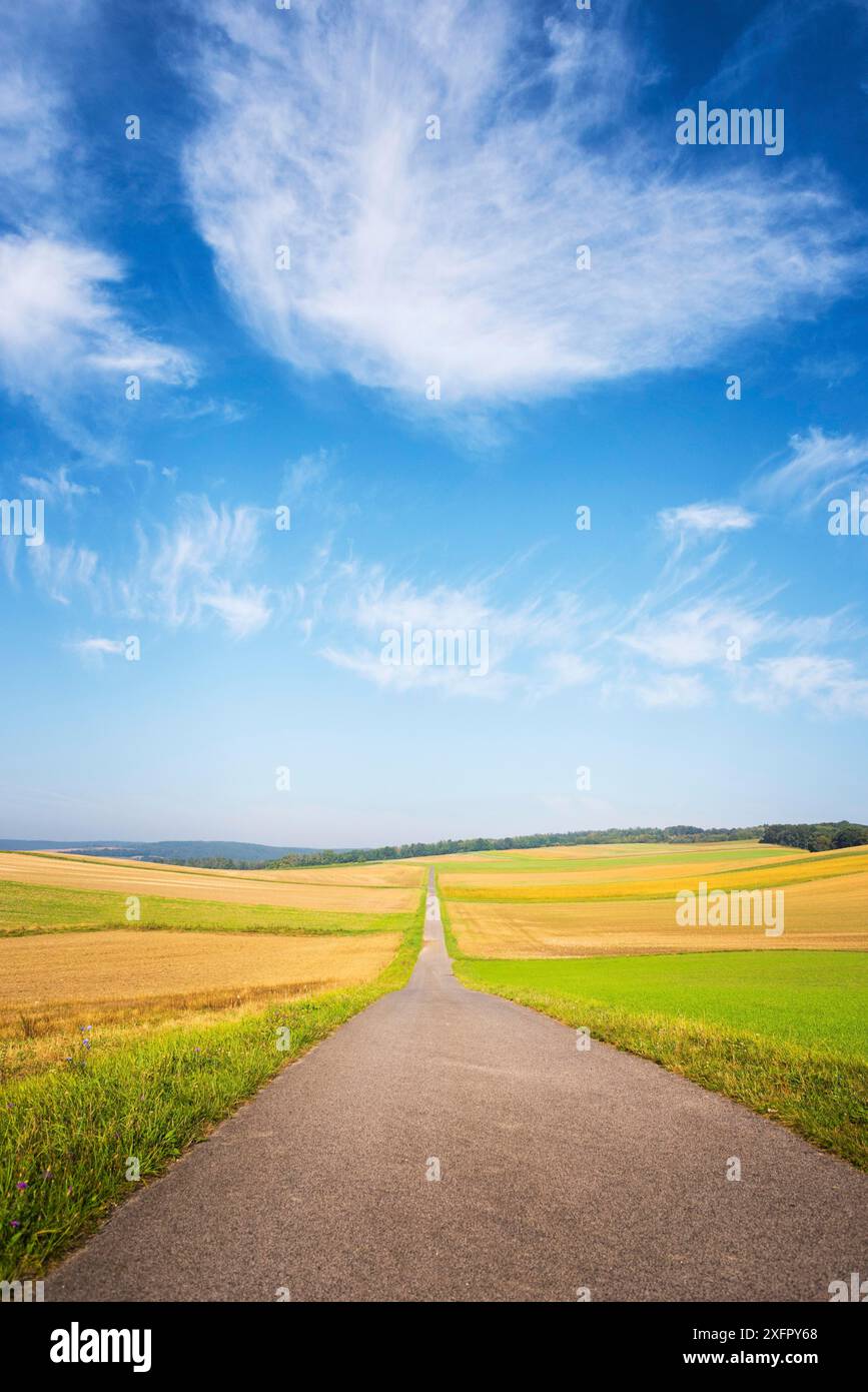 Small road leading through farmland with clouds in blue sky Stock Photo ...