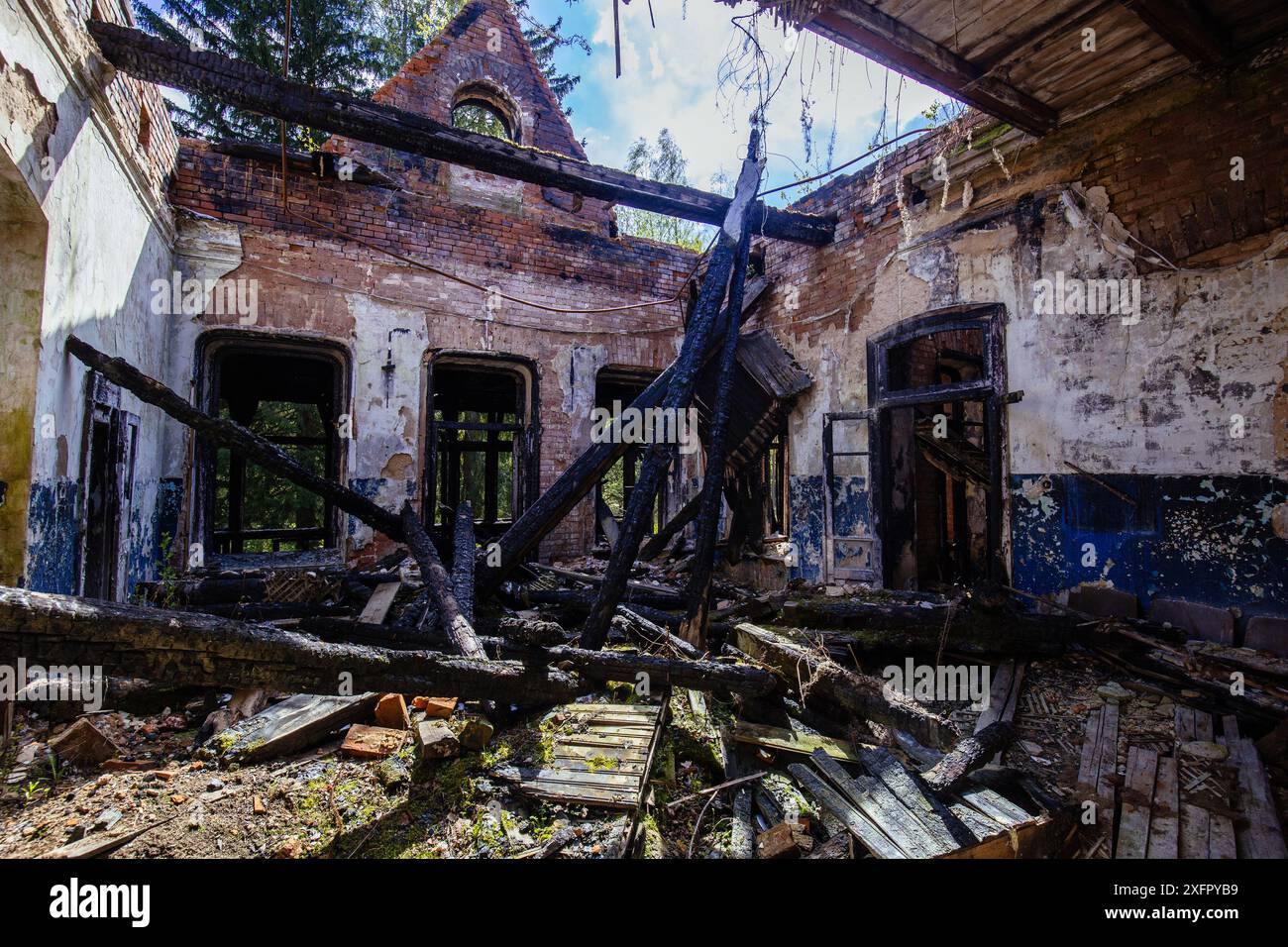 Completely burnt old mansion. Consequences of fire or war, etc Stock ...