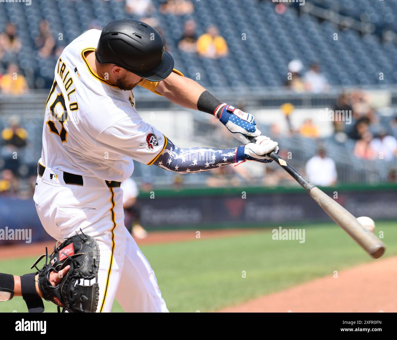Pittsburgh Pirates second base Jared Triolo (19) singles in the tenth ...