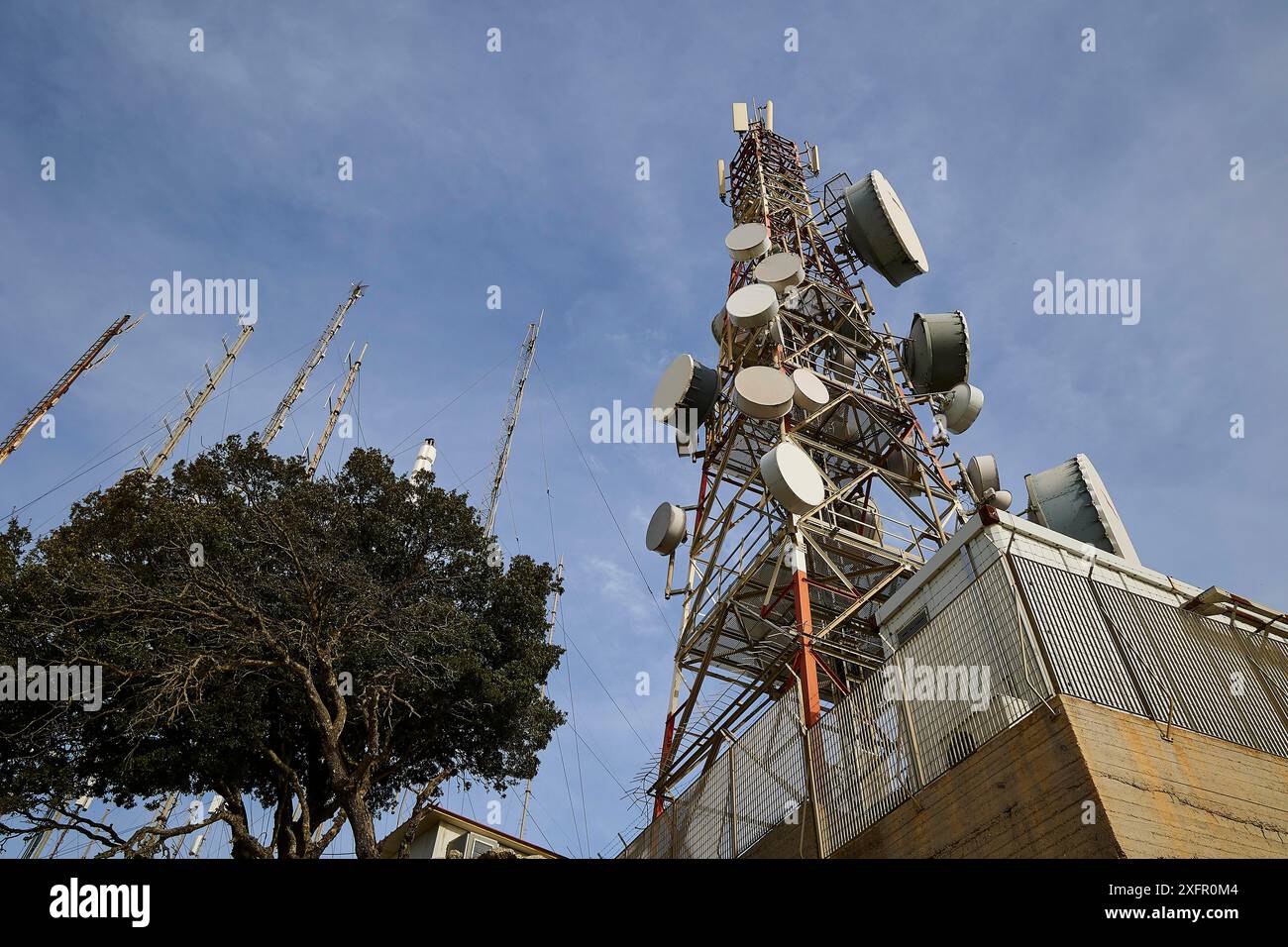 Large radio mast next to a tree against a slightly cloudy sky ...