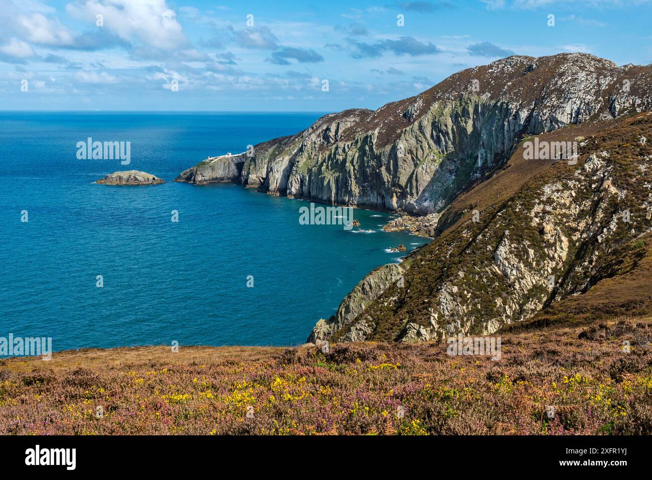 Cliffs at Gogarth Bay and showing North Stack viewed from Wales Coastal Path, Holyhead Mountain ...