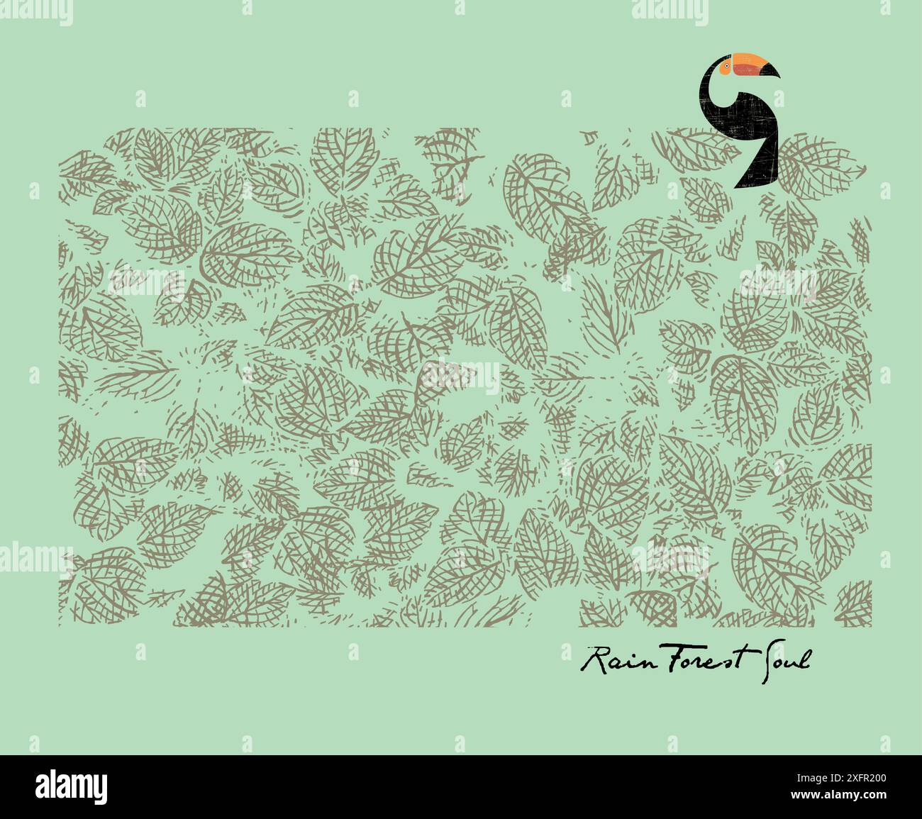 Composition illustration with leaves and toucan. Stylized art in ...