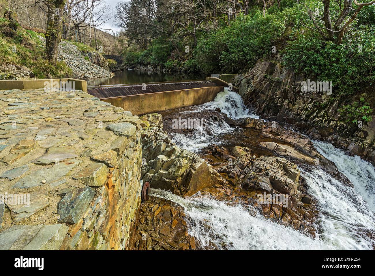 Weir at the top of Rhaeadr Mawddach waterfall, part of hydroelectric ...
