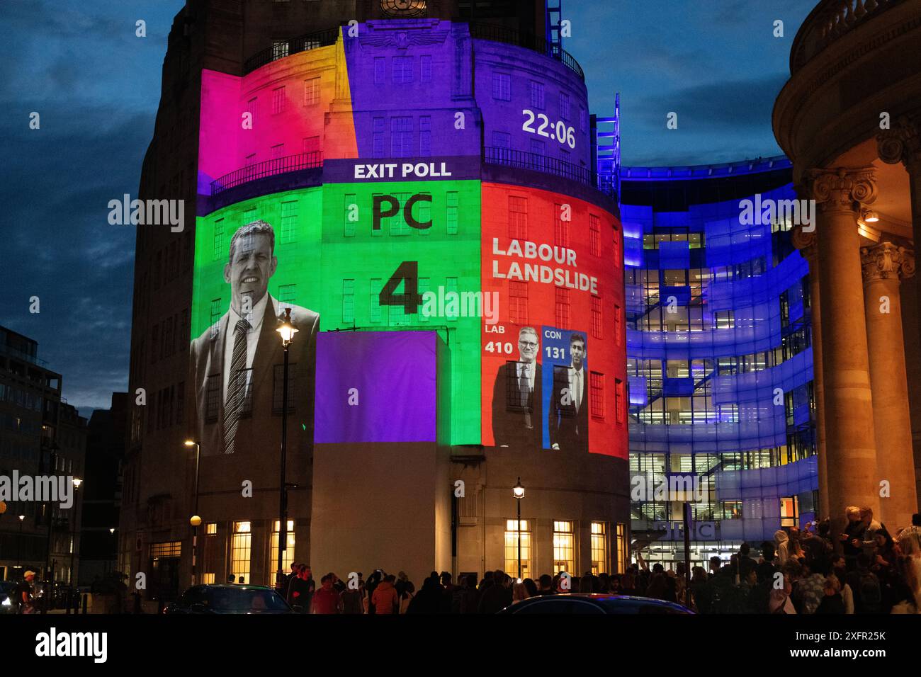 London, UK. 4 July, 2024. Exit polls predicting the final result of the ...