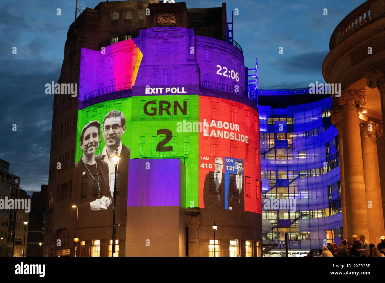 London, UK. 4 July, 2024. Exit polls predicting the final result of the ...