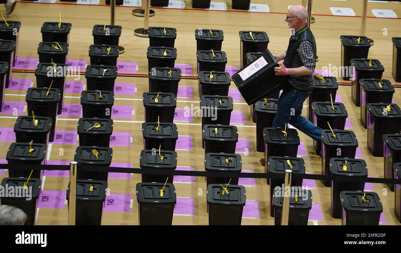 Ballots are sorted at Macclesfield Leisure Centre, in Cheshire, during ...