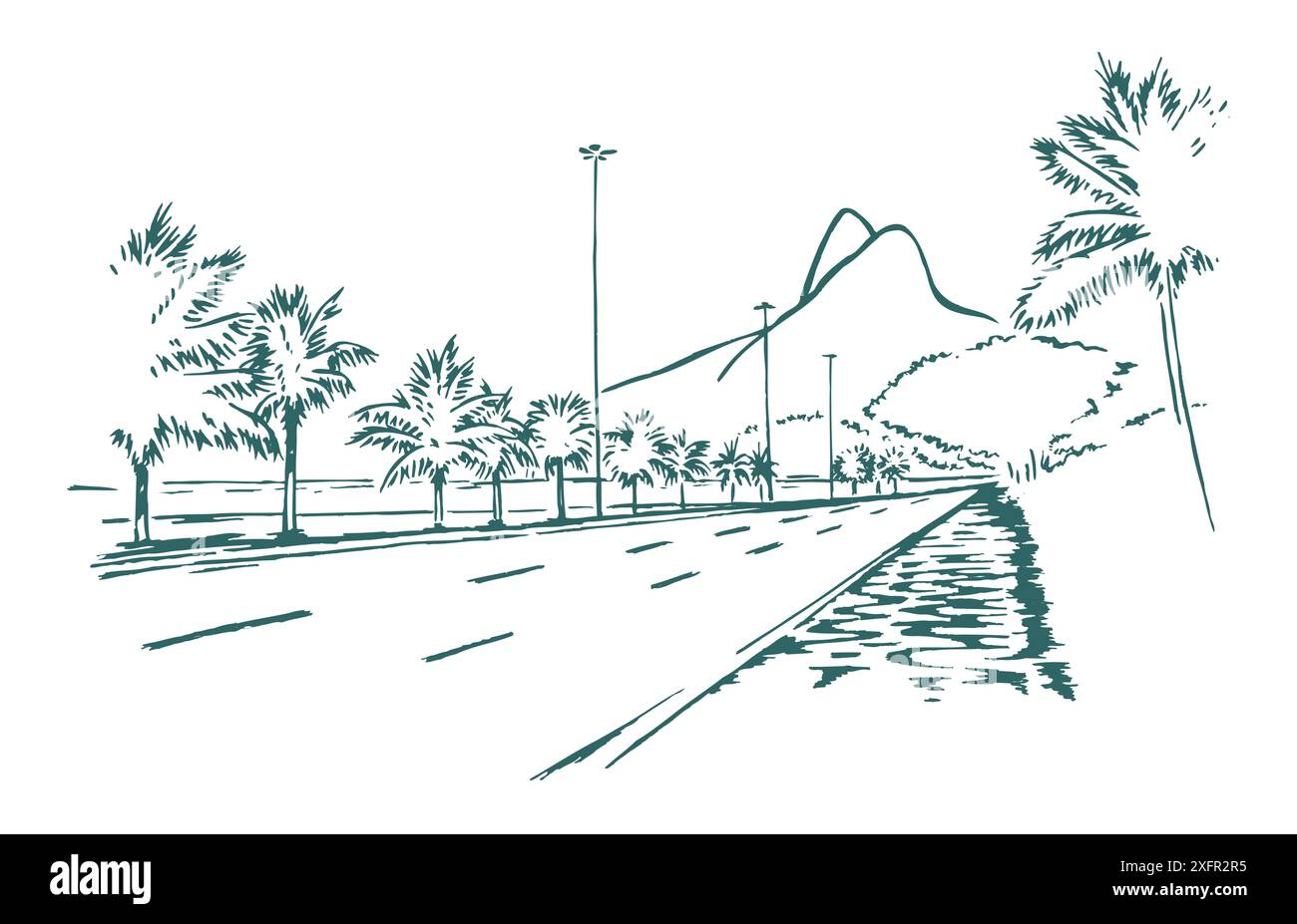 Hand-drawn vector illustration of coastal landscape of Rio de Janeiro ...