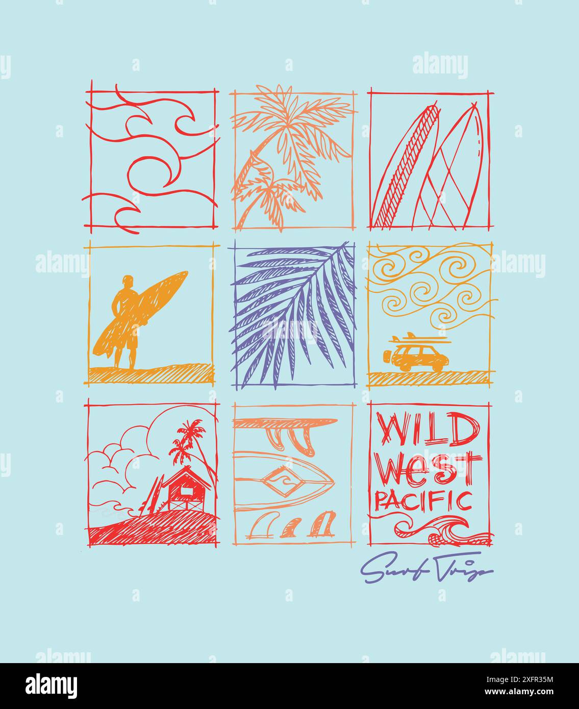 Hand-drawn vector illustration of summer and surfing elements. Art in stripped-down lines. Stock ...