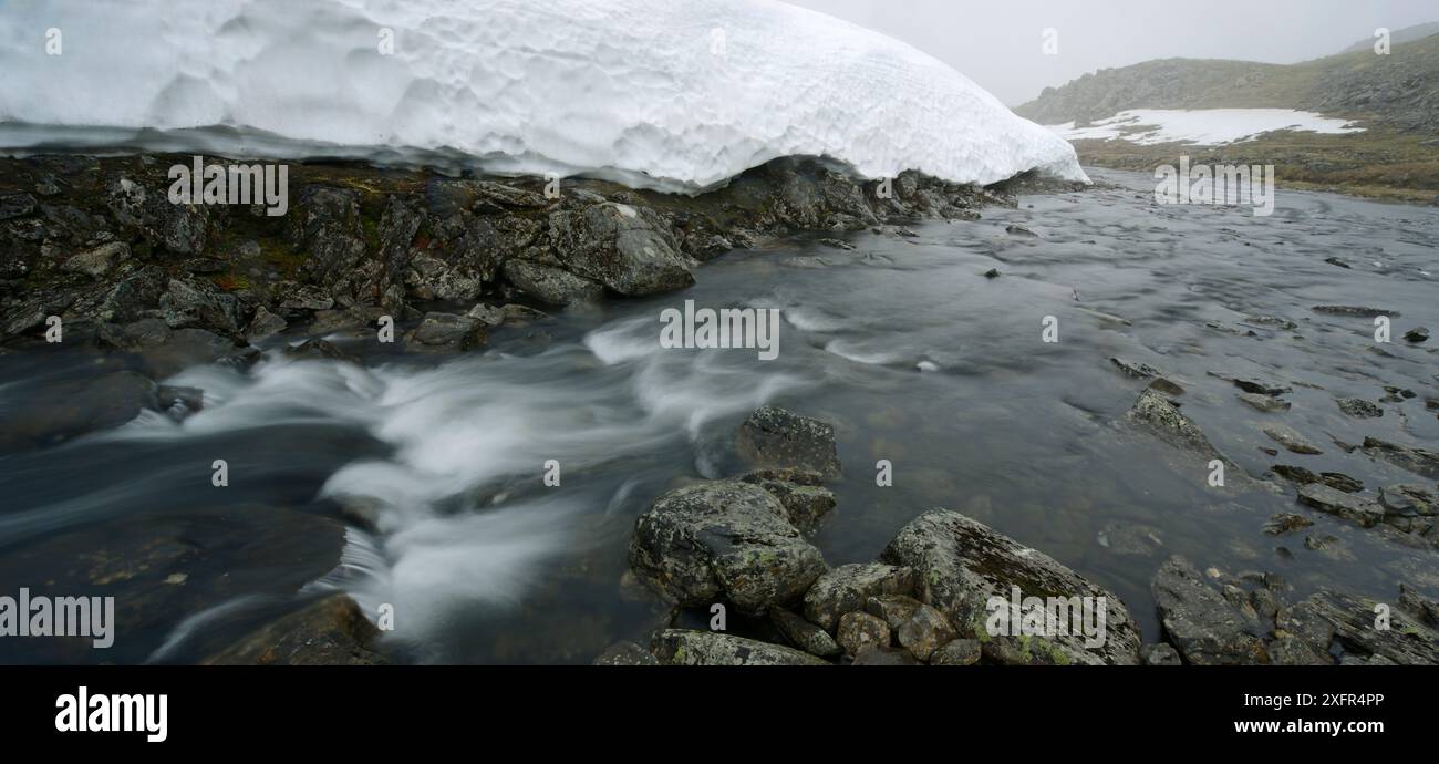 Stream through tundra and snow cornice, Nordkinn Peninsula, Norway ...