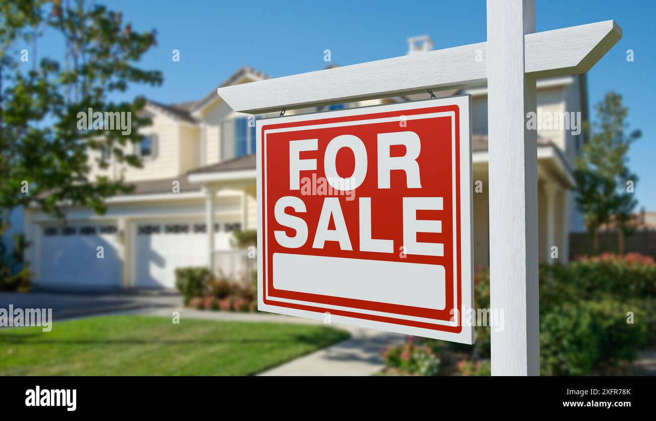For Sale Real Estate Sign in Front of Beautiful House Stock Photo - Alamy