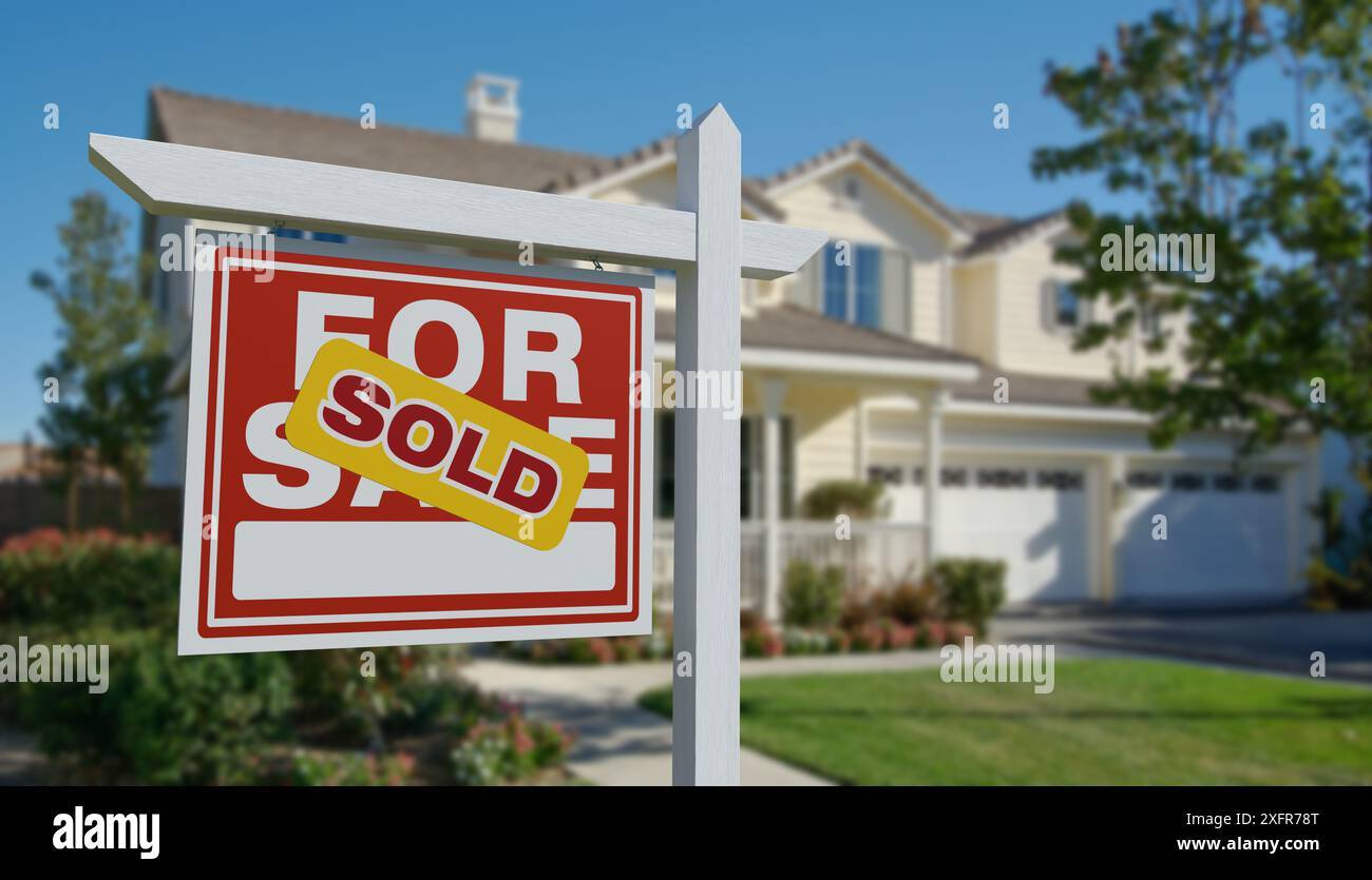 Sold For Sale Real Estate Sign in Front of Beautiful House Stock Photo ...