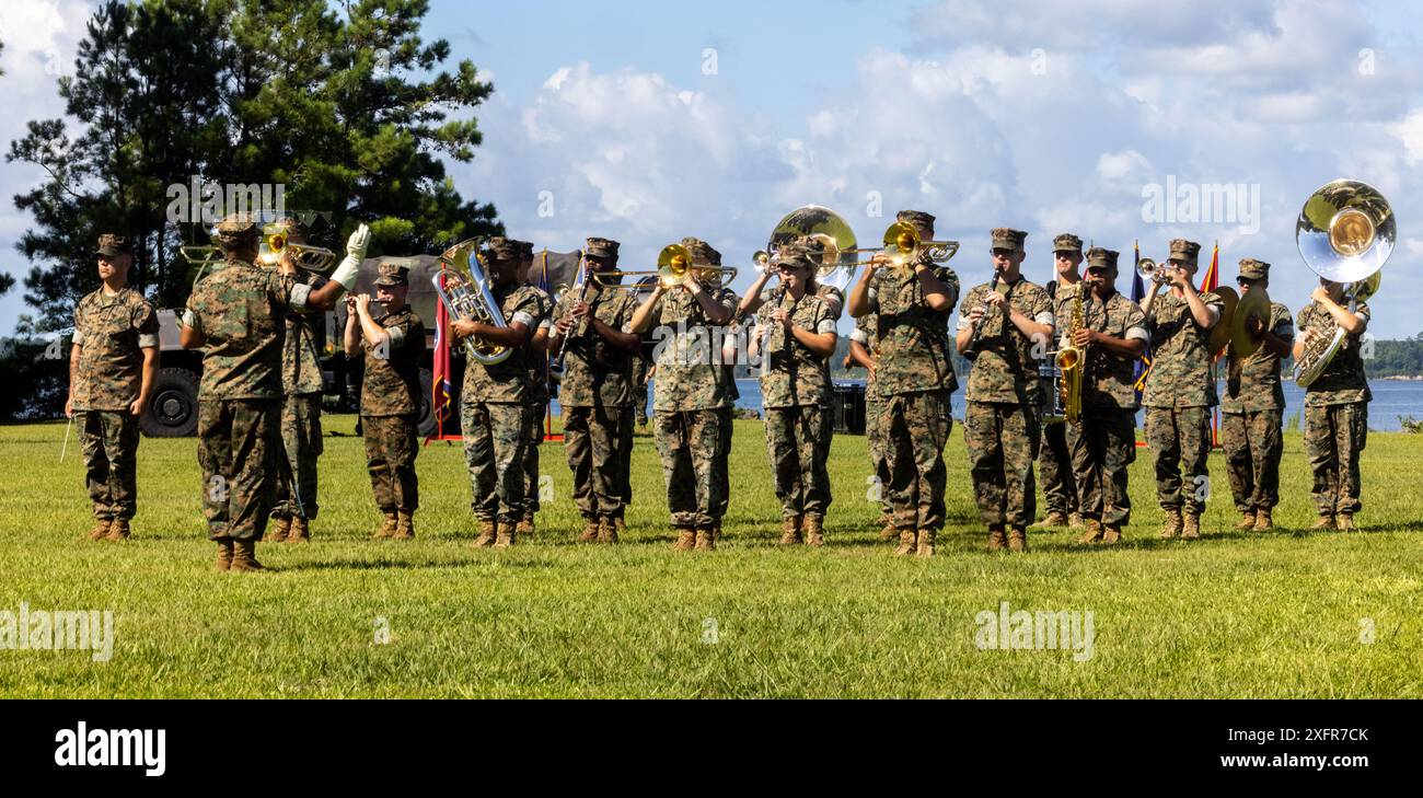 U.S. Marines with the 2nd Marine Division Band play music during a ...