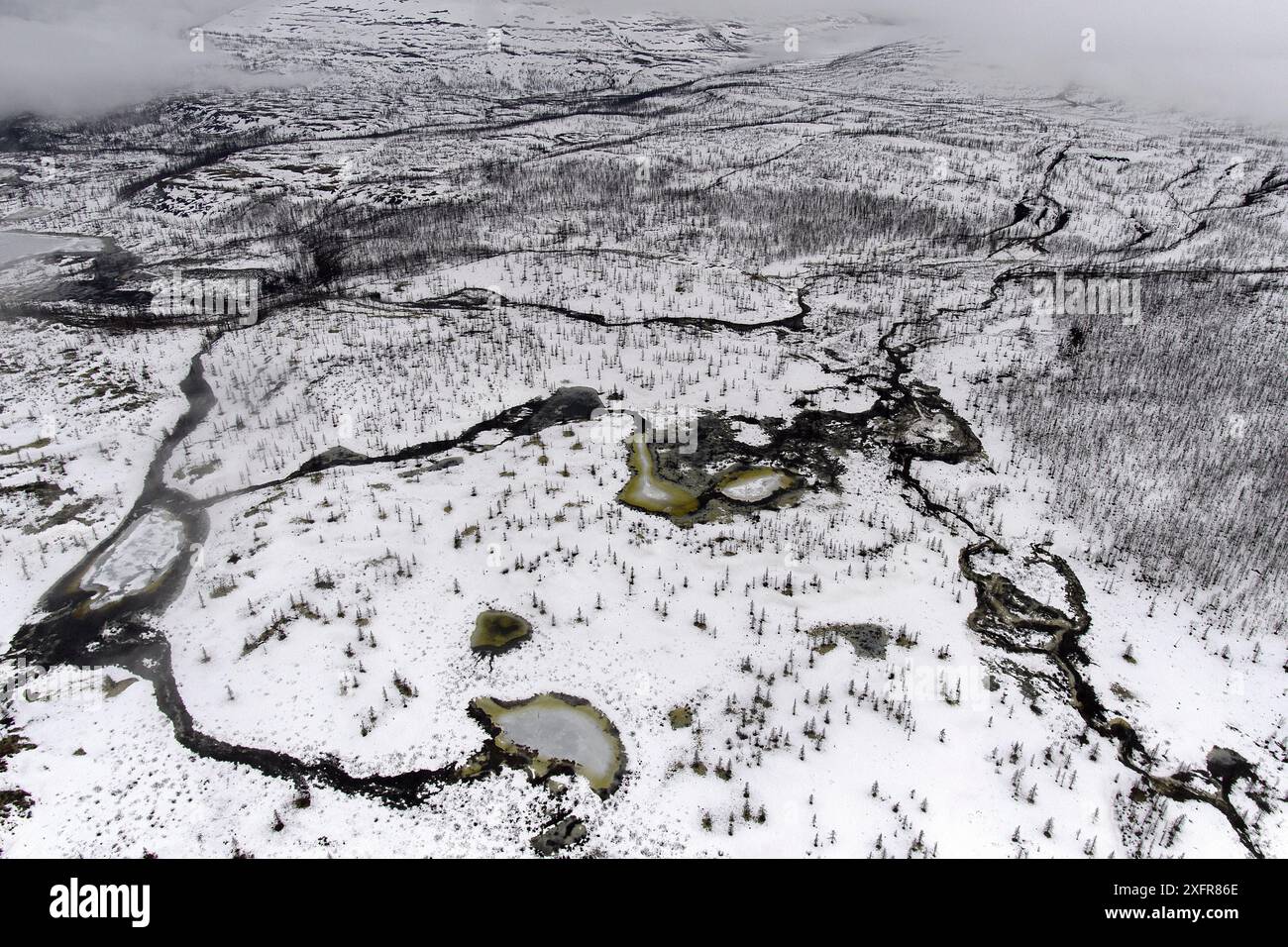 Aerial view of Putoransky State Nature Reserve in snow, Putorana ...