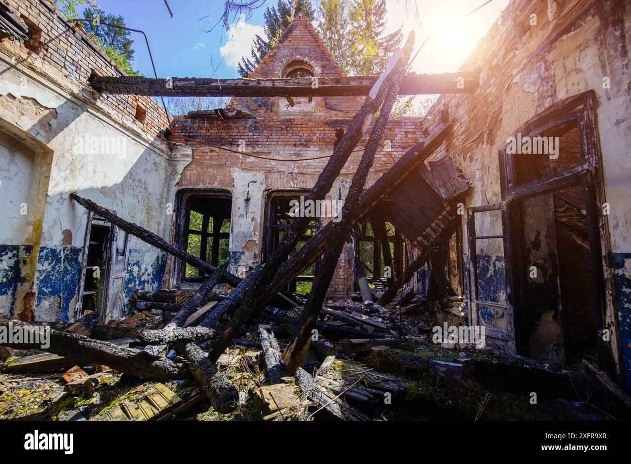 Completely burnt old mansion. Consequences of fire or war, etc Stock ...