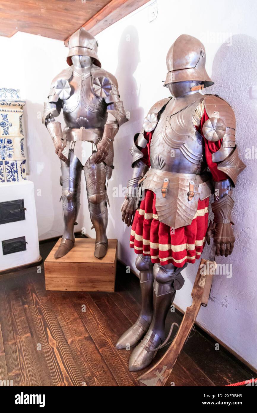 Europe, Romania. Bran. Interior Castle Bran. Suits of armor Stock Photo ...