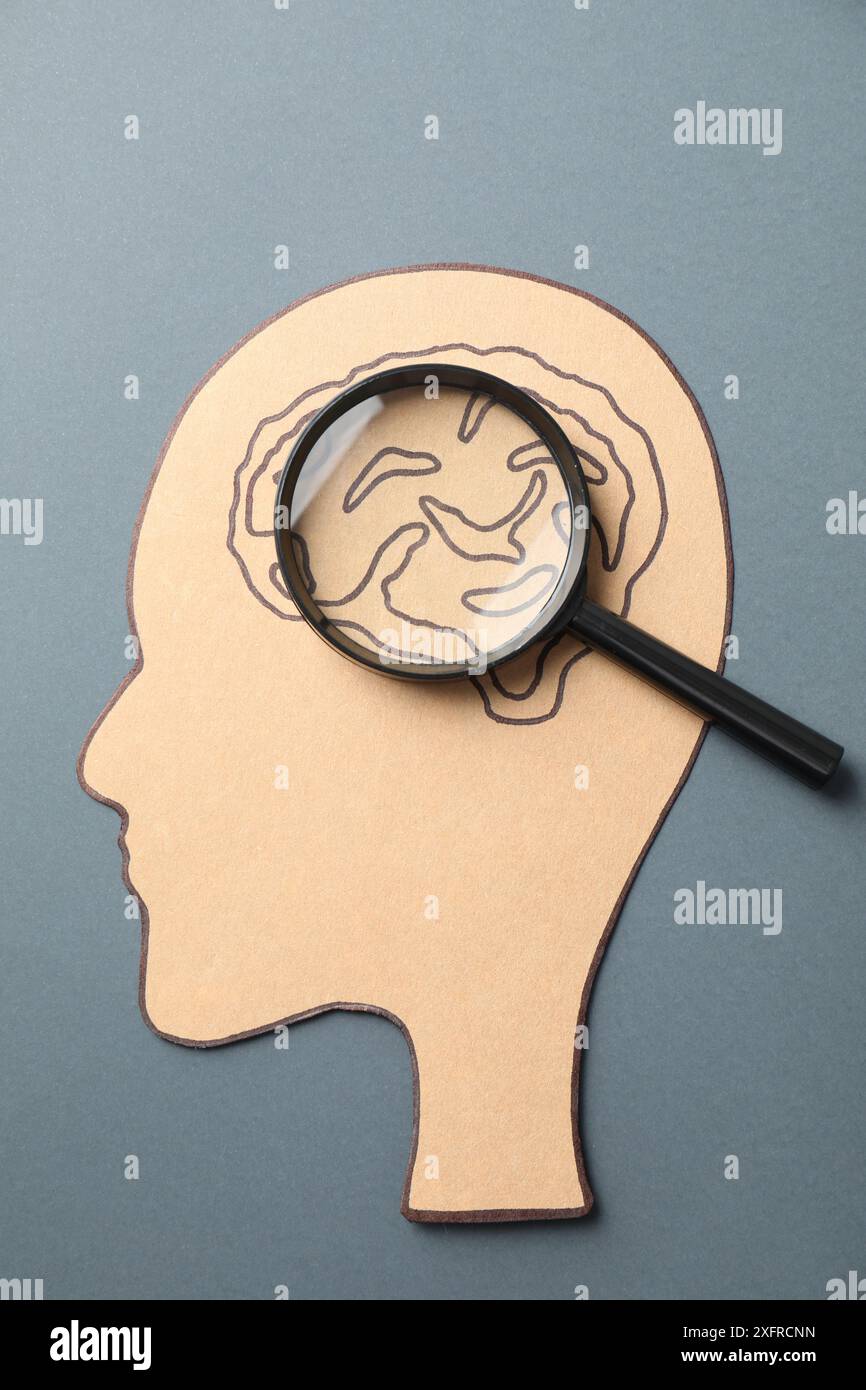 Amnesia. Human head cutout with drawing of brain and magnifying glass ...