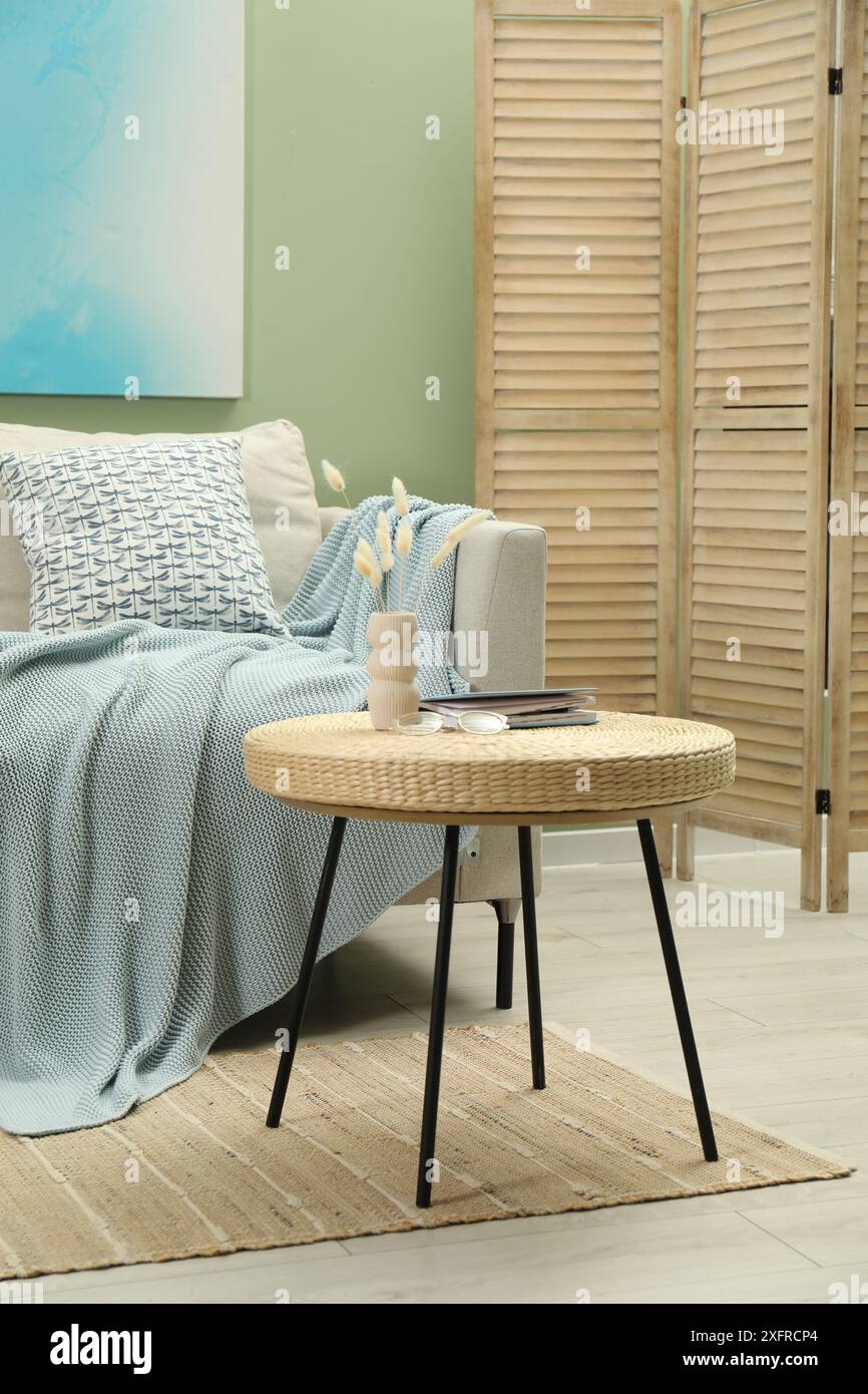 Comfortable sofa with plaid, coffee table and folding screen in stylish ...