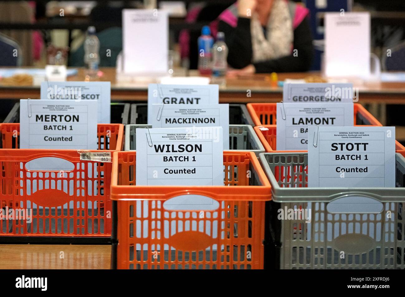 Kelso, UK. 05th July, 2024. Sorting trays await the counted ballot ...