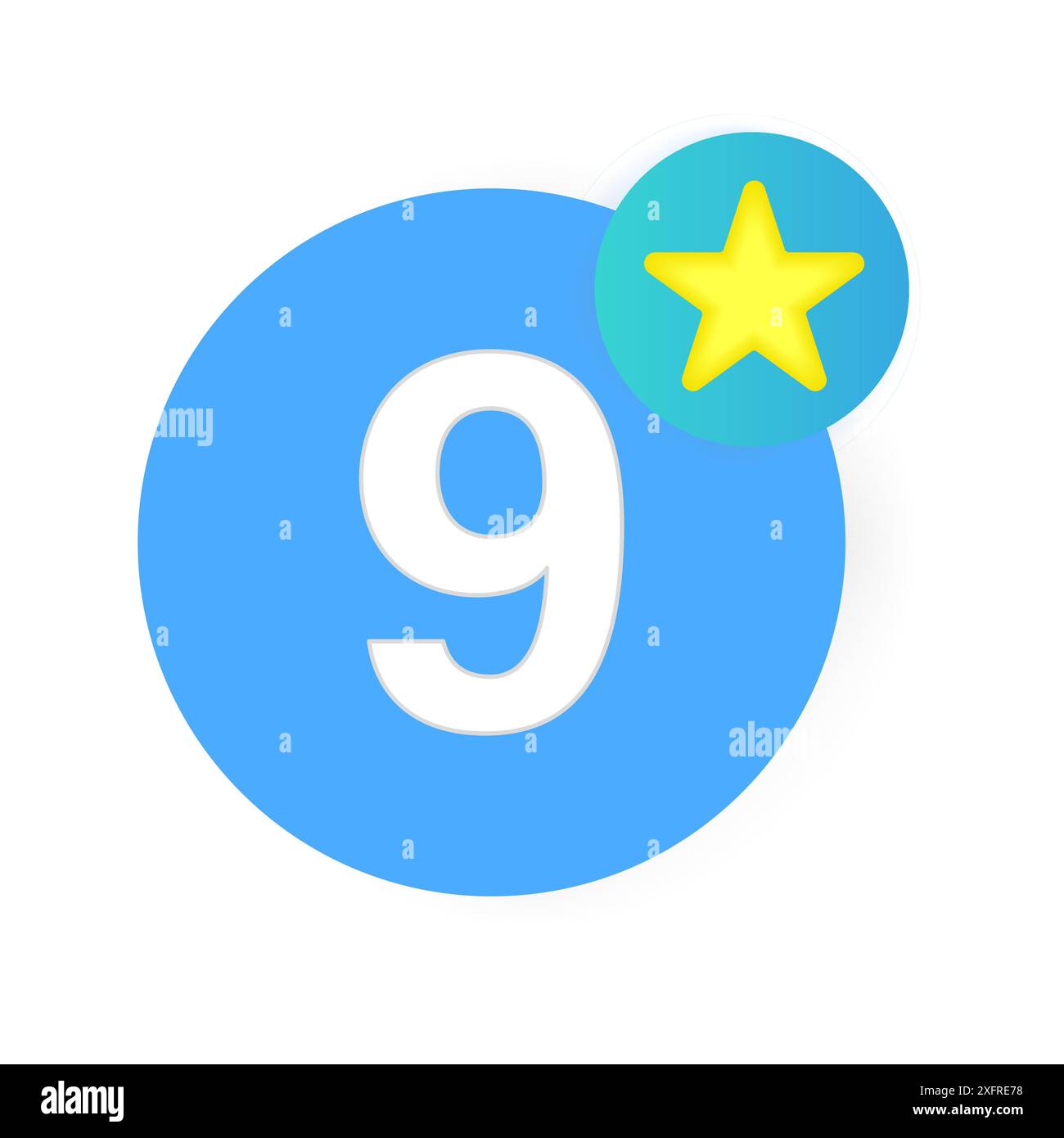 Number nine icon. Yellow star badge. Bright blue circle. Vector symbol ...