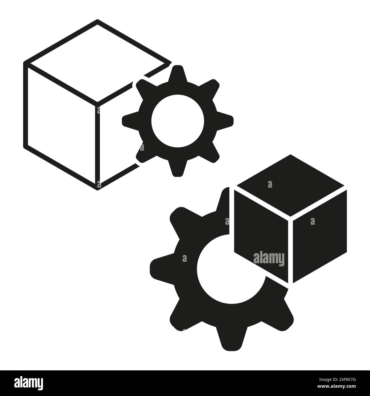 Settings icons vector. Black and white. Gear and cube symbols. Simple ...