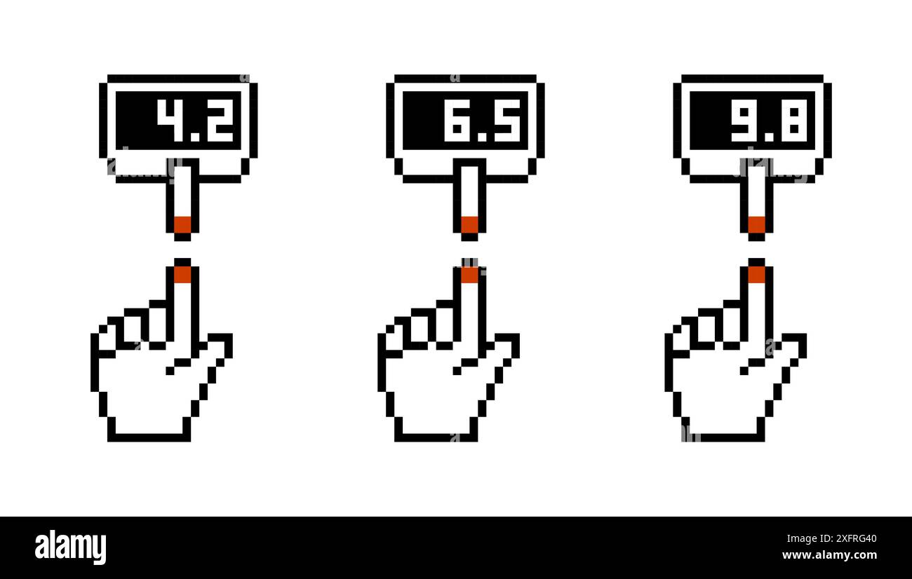Glucometer pixel icon for glycemic measurement set. Diabetic glucose ...