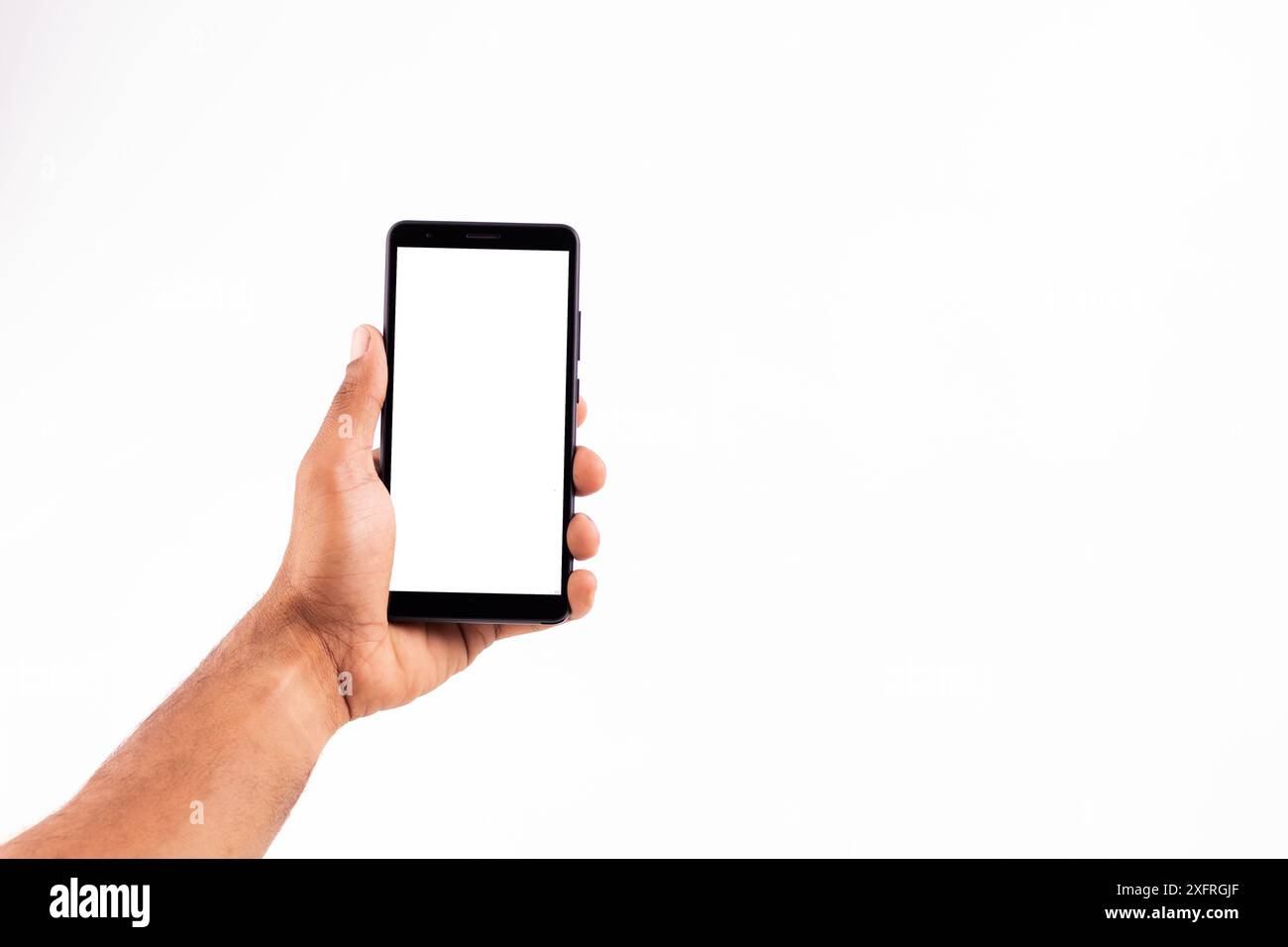 Black MEN hand holding modern smart phone isolated on white background ...