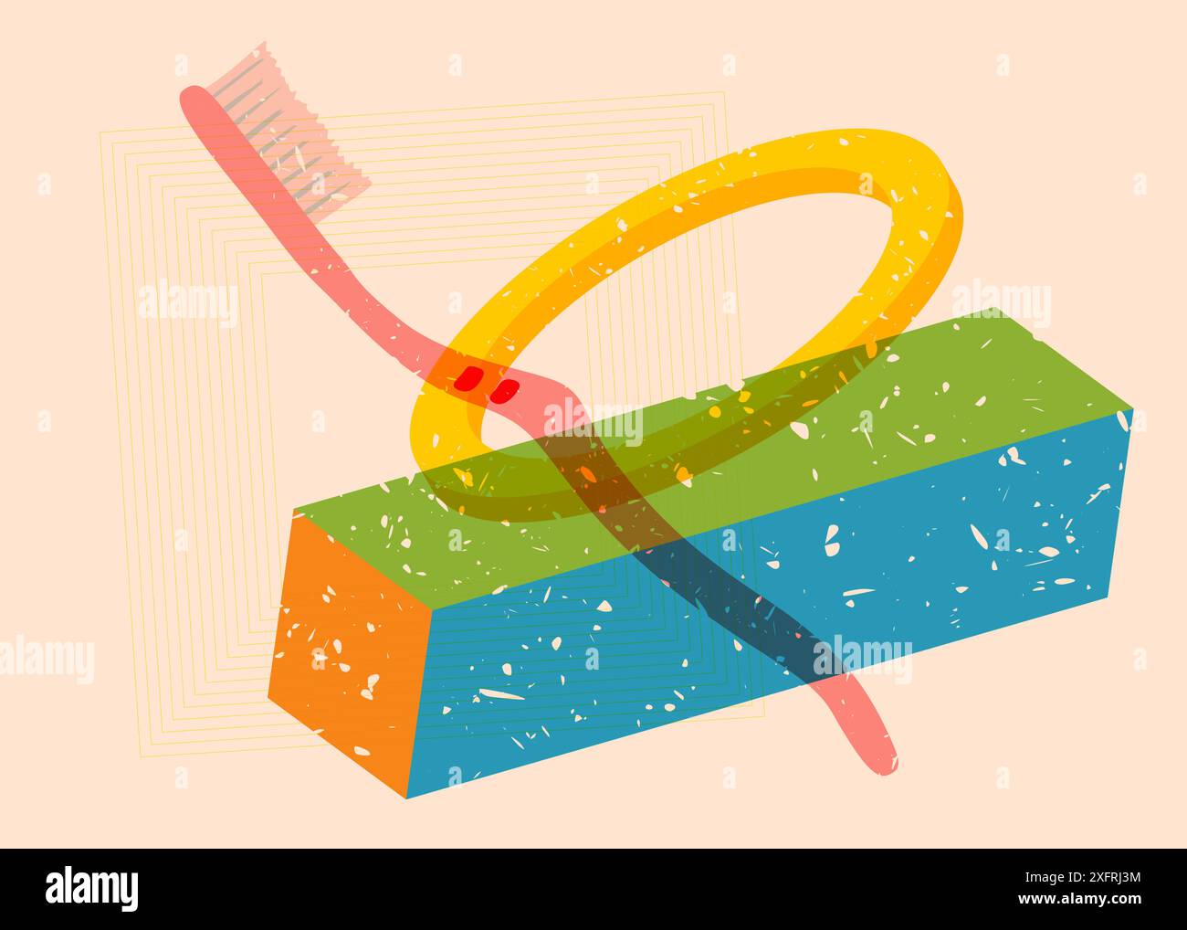 Risograph Toothbrush with geometric shapes. Objects in trendy riso ...