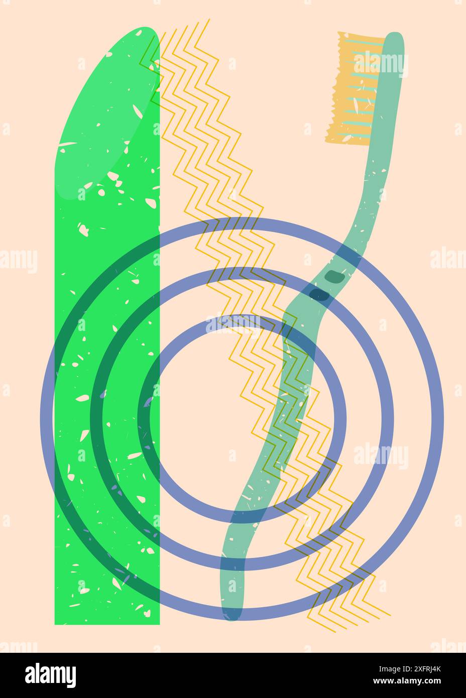 Risograph Toothbrush with geometric shapes. Objects in trendy riso ...