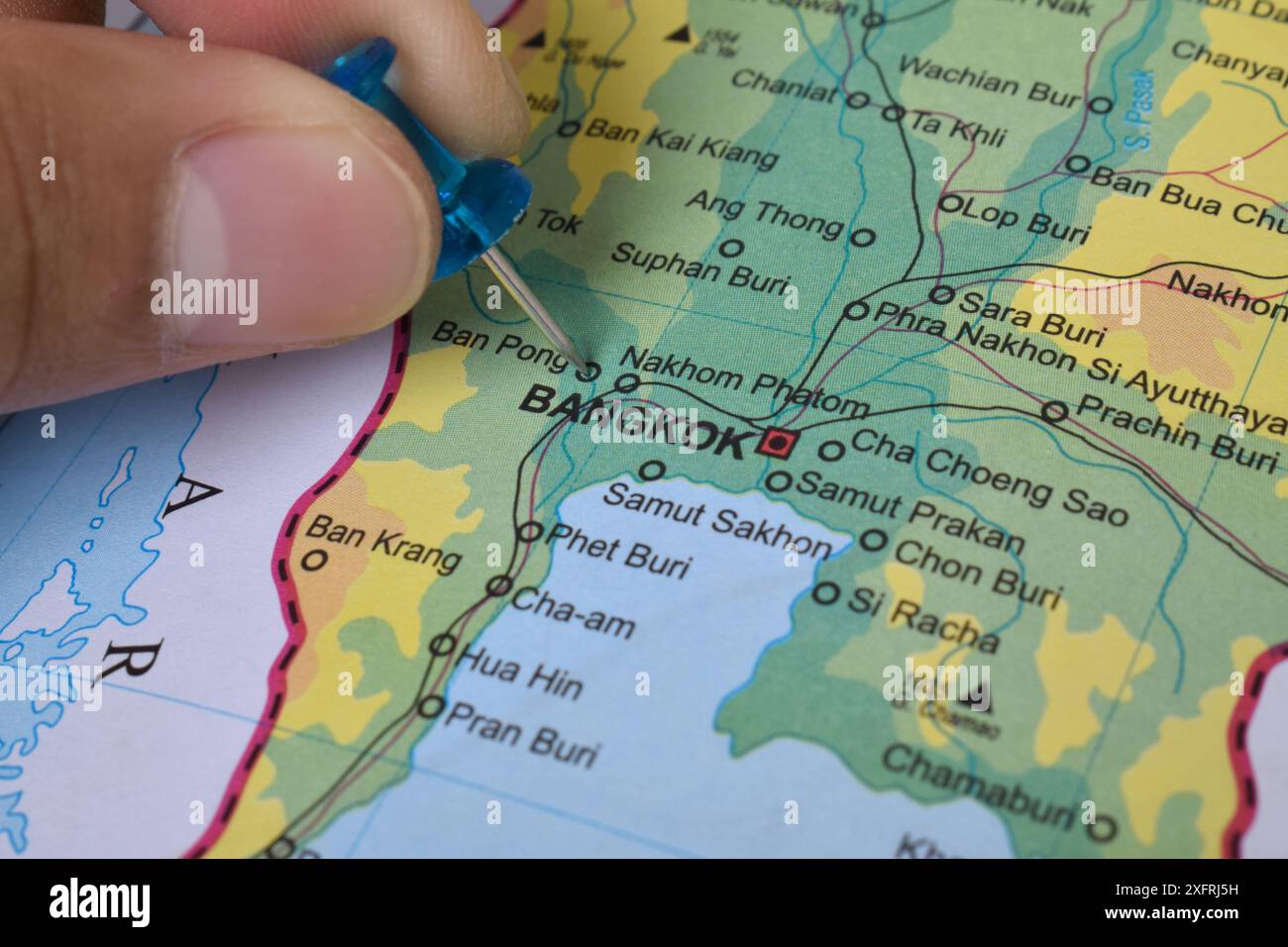 Pin on Bangkok, Thailand of the World Map. Close up and selective focus ...