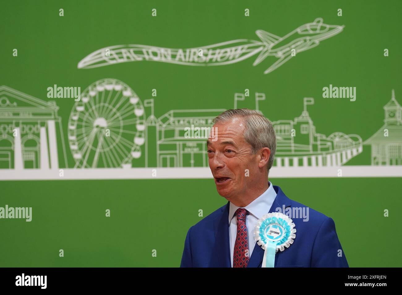 Reform UK leader Nigel Farage gives a victory speech at Clacton Leisure ...