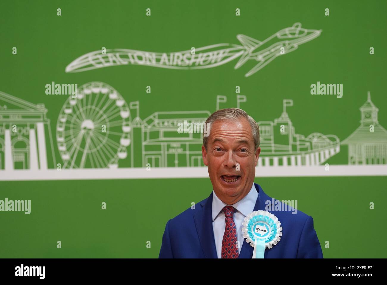 Reform UK leader Nigel Farage gives a victory speech at Clacton Leisure ...