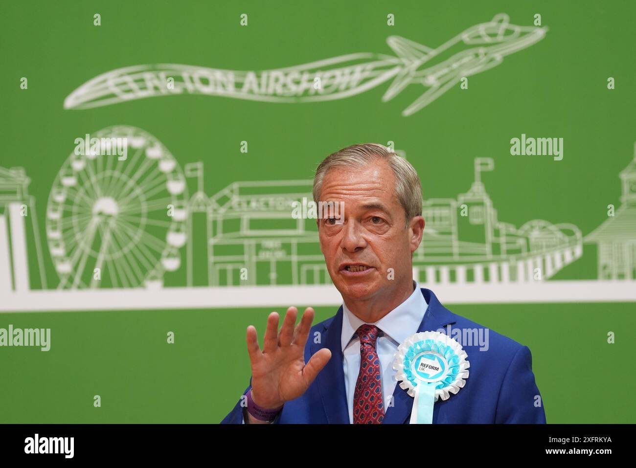 Reform UK leader Nigel Farage gives a victory speech at Clacton Leisure ...