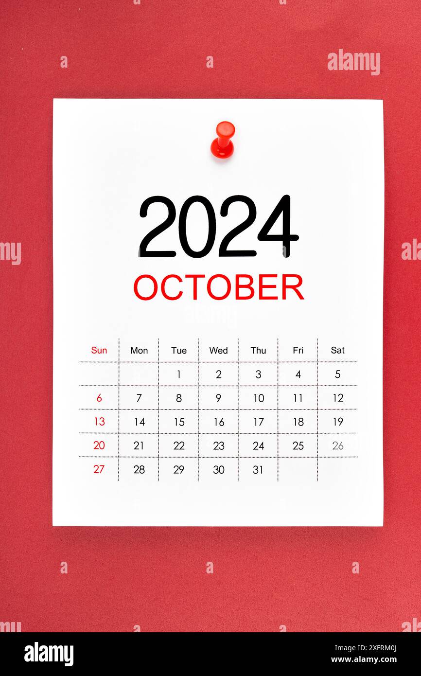 October 2024 calendar page with push pin on red color background Stock ...