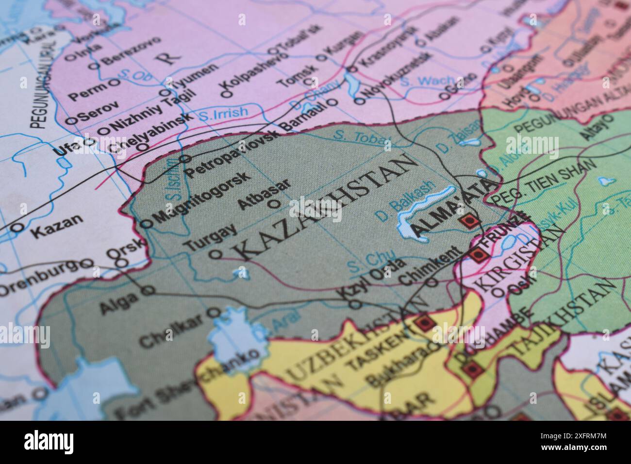 Kazakhstan of the World Map. Close up and selective focus Stock Photo ...