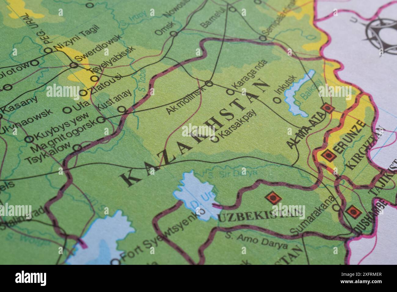 Kazakhstan of the World Map. Close up and selective focus Stock Photo ...