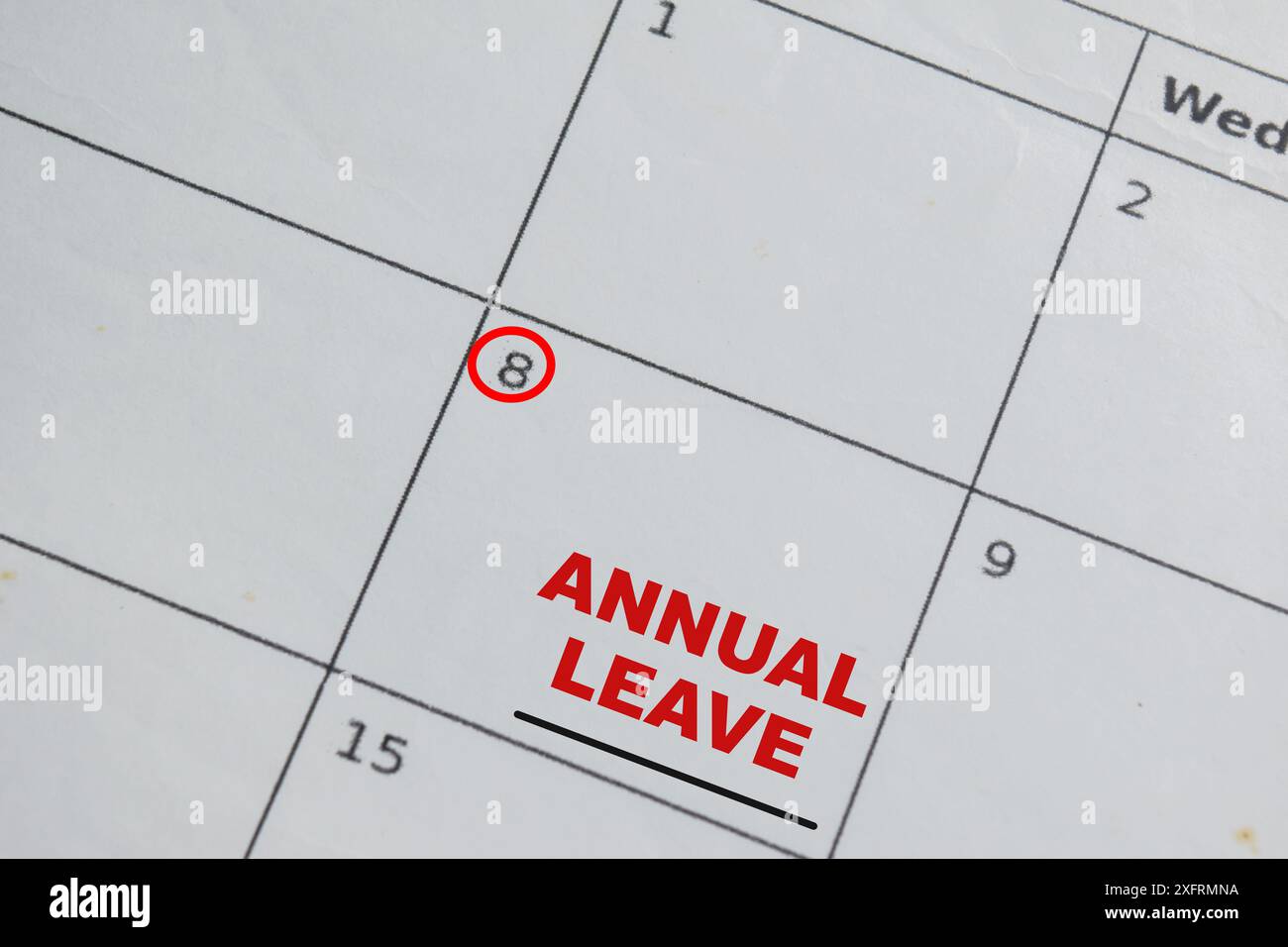 Annual Leave write on calendar. Date 8. Reminder or Schedule Concepts ...