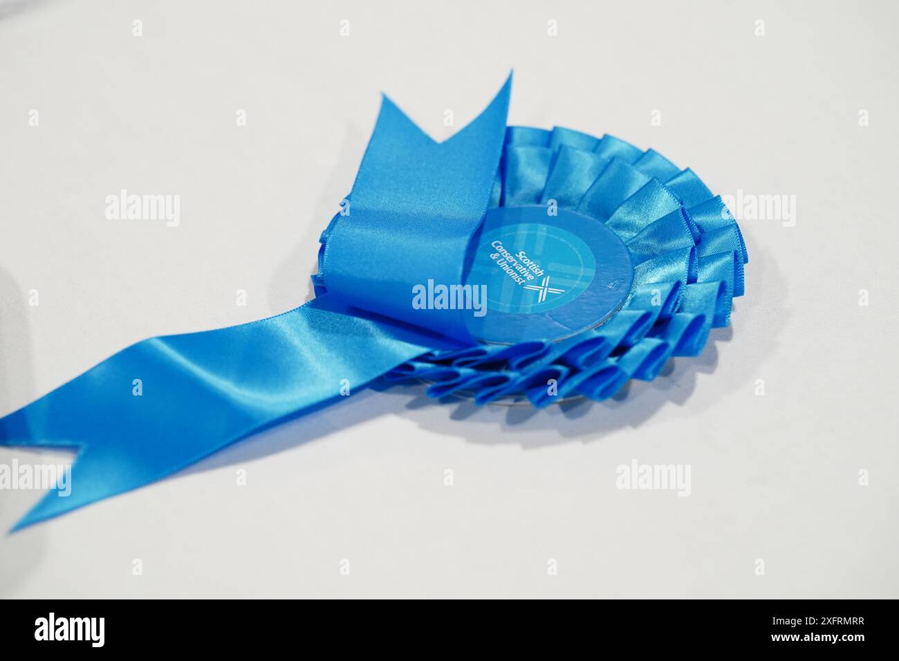 A Scottish Conservative Party rosette at Ice Hall in the Dewars Centre, Perth, during the count ...