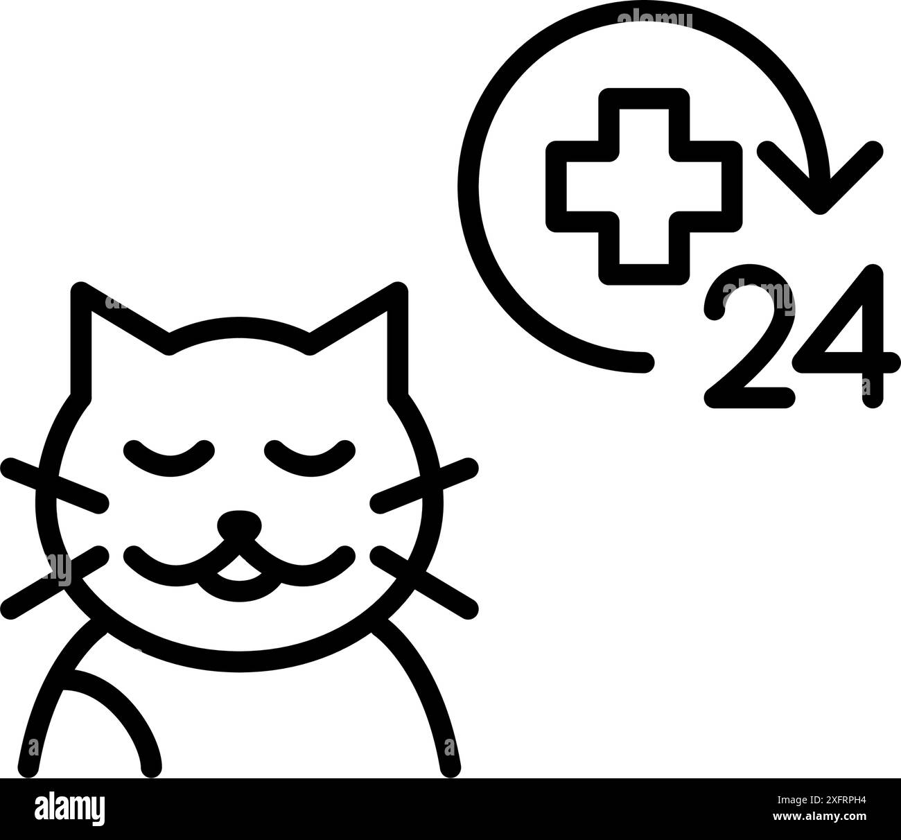 Cat silhouette, 24-hour healthcare symbol, continuous medical care and ...