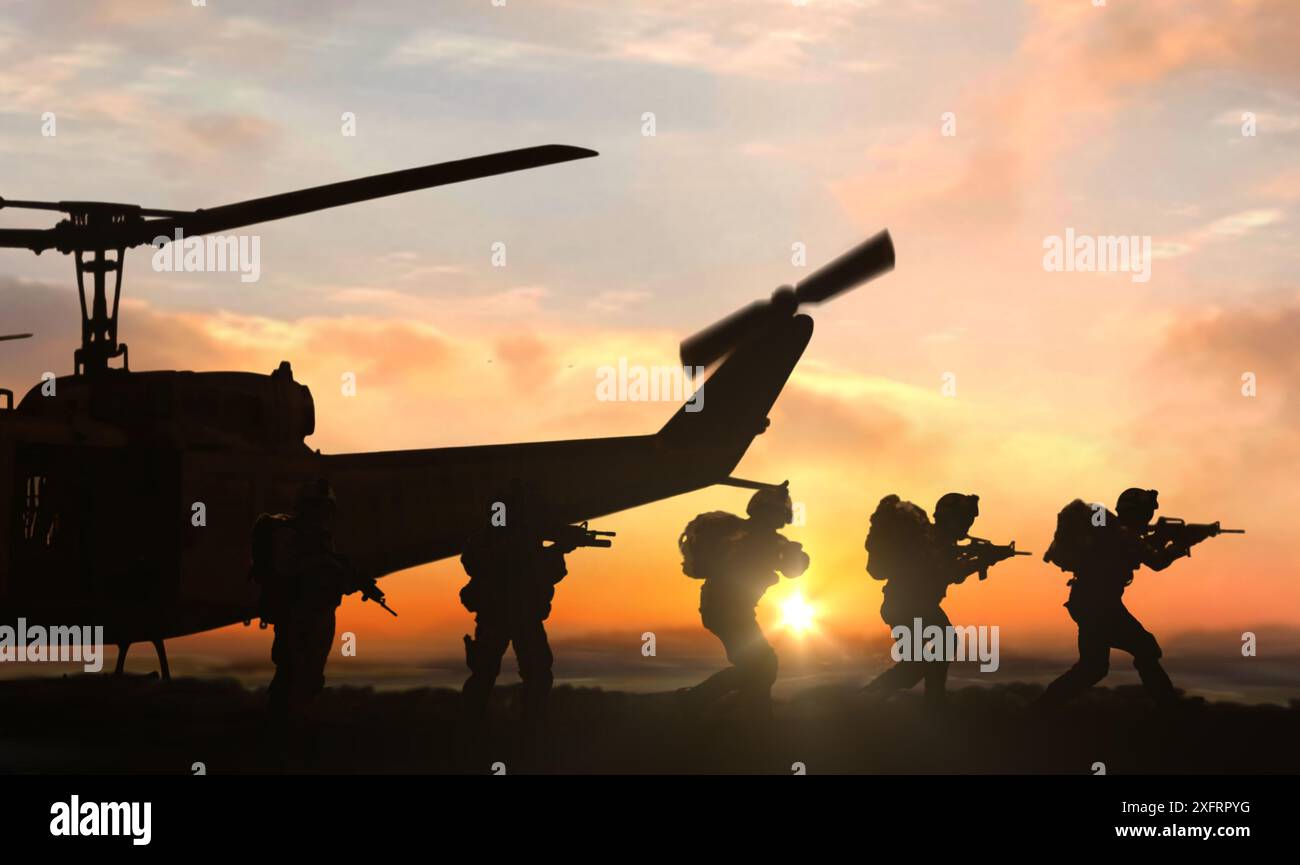 Military helicopter special force commando unit drop-off at sunset ...